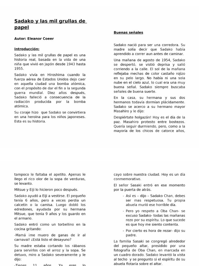 Sadako y Las Mil Grullas de Papel - TOAZ - Info | PDF