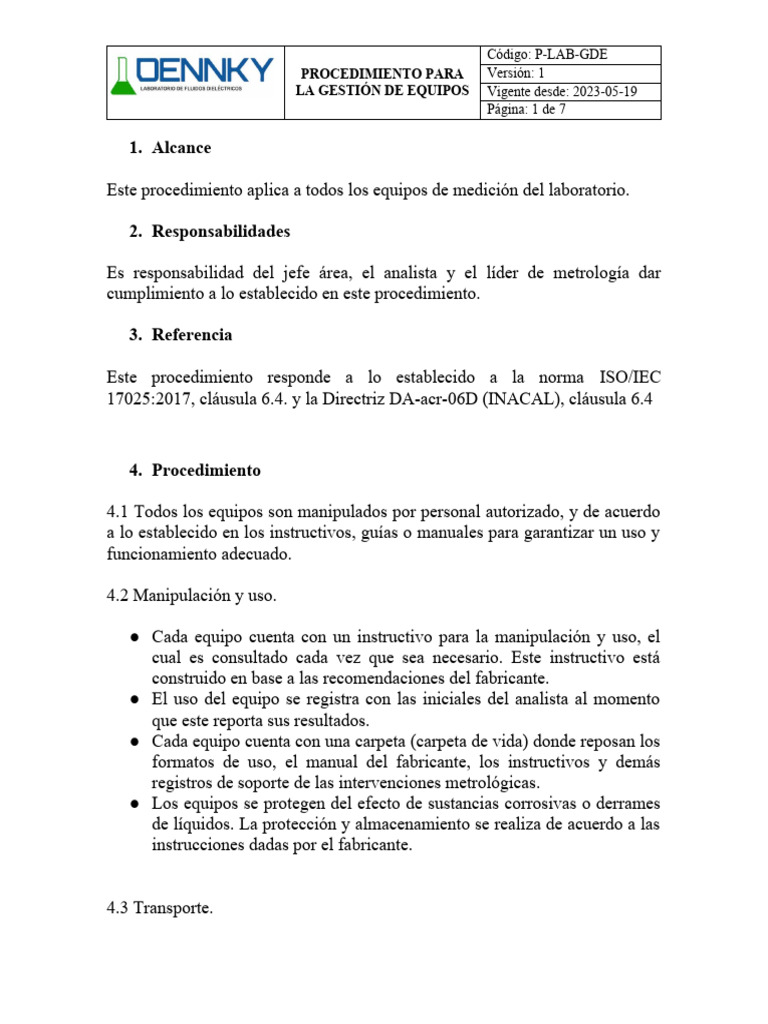 P-Lab-Gde-Procedimiento para La Gestión de Equipos | PDF | Calibración ...