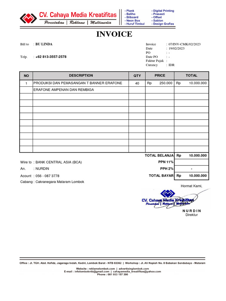 Invoice Bu Linda | PDF