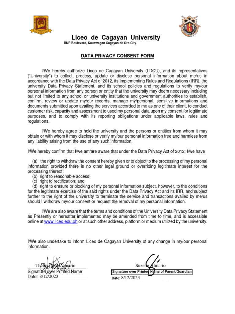 Liceo de Cagayan University: Data Privacy Consent Form | PDF