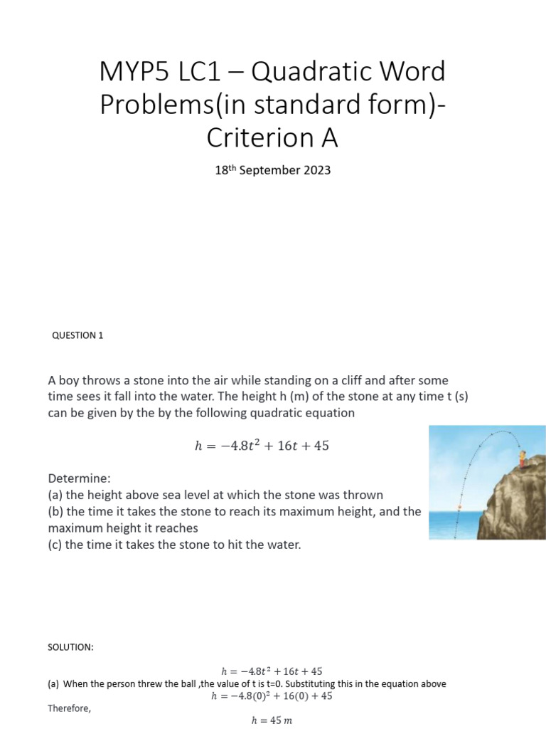 MYP5 LC1 - Quadratic Word Problems | PDF