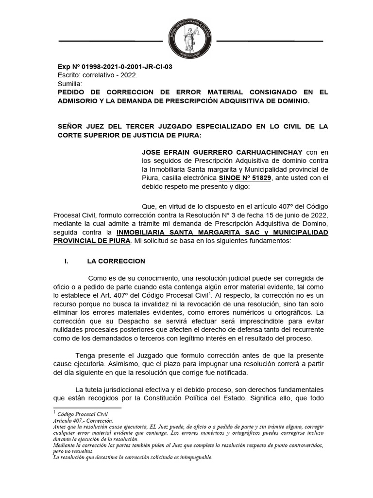Pedido de Correccion de ERROR MATERIAL | PDF | Debido al proceso | Ley ...
