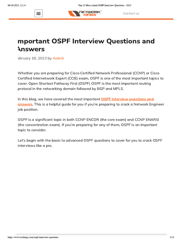Top 13 Most Asked OSPF Interview Questions - 2023 | PDF