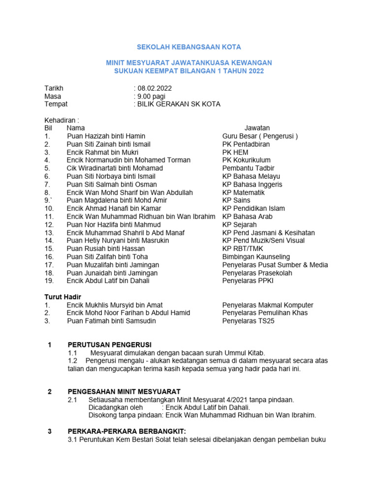 Minit Mesyuarat Kewangan 2022 | PDF
