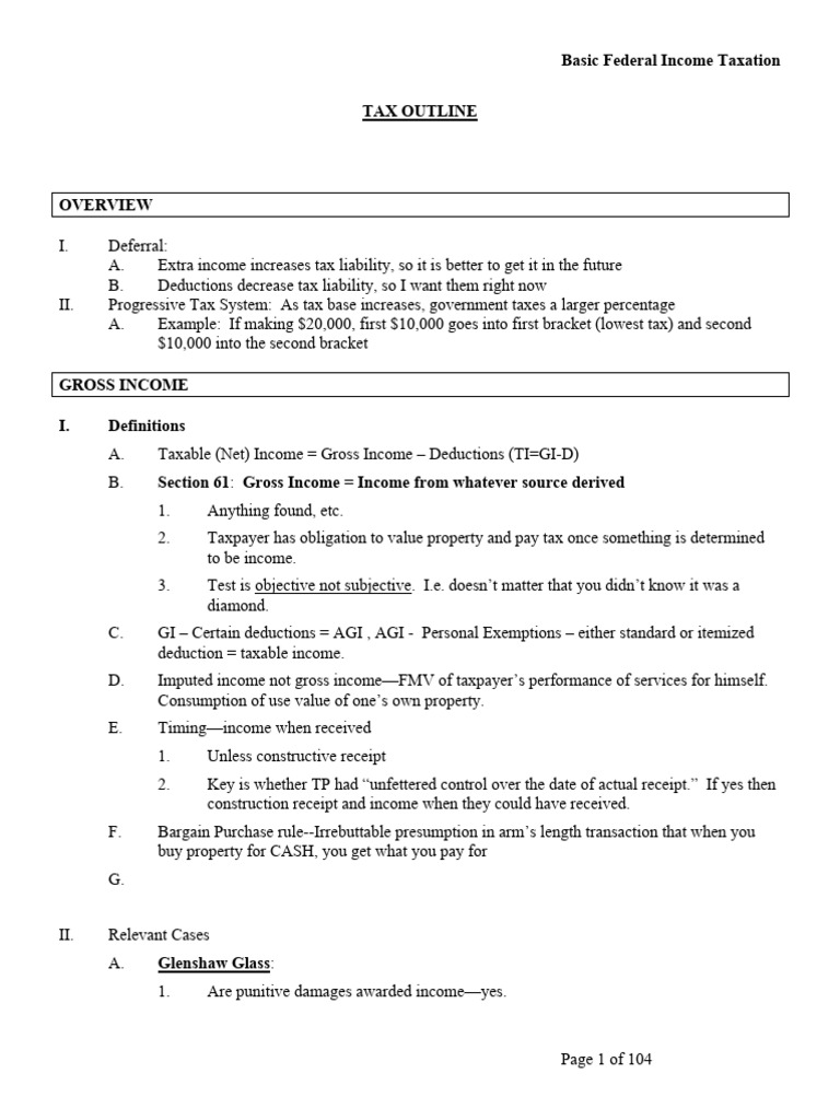 Federal Income Taxation Outline | PDF | Taxes | Taxation In The United ...