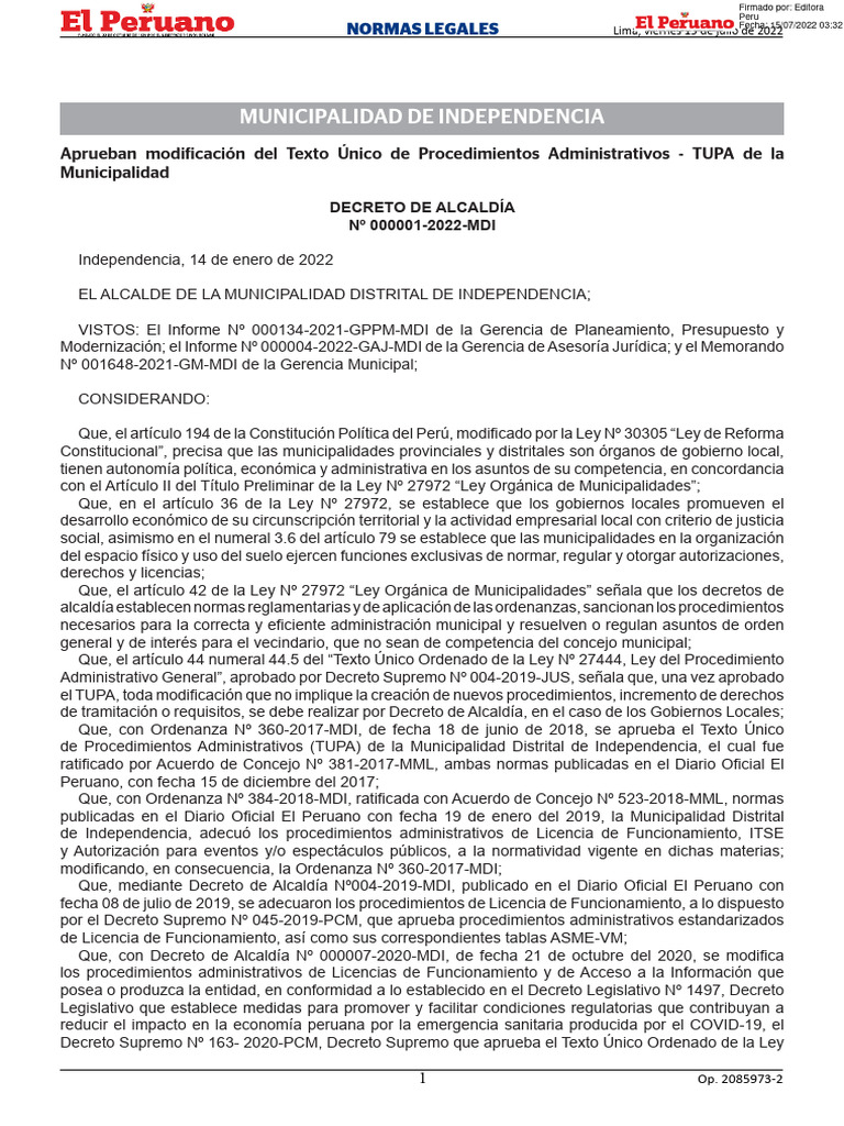 Anexo TUPA DA #000001 2022 MDI PUBLICADO EL PERUANO | PDF