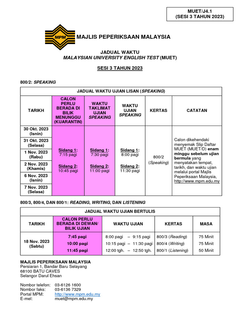 Jadual MUET Sesi 3 2023 | PDF