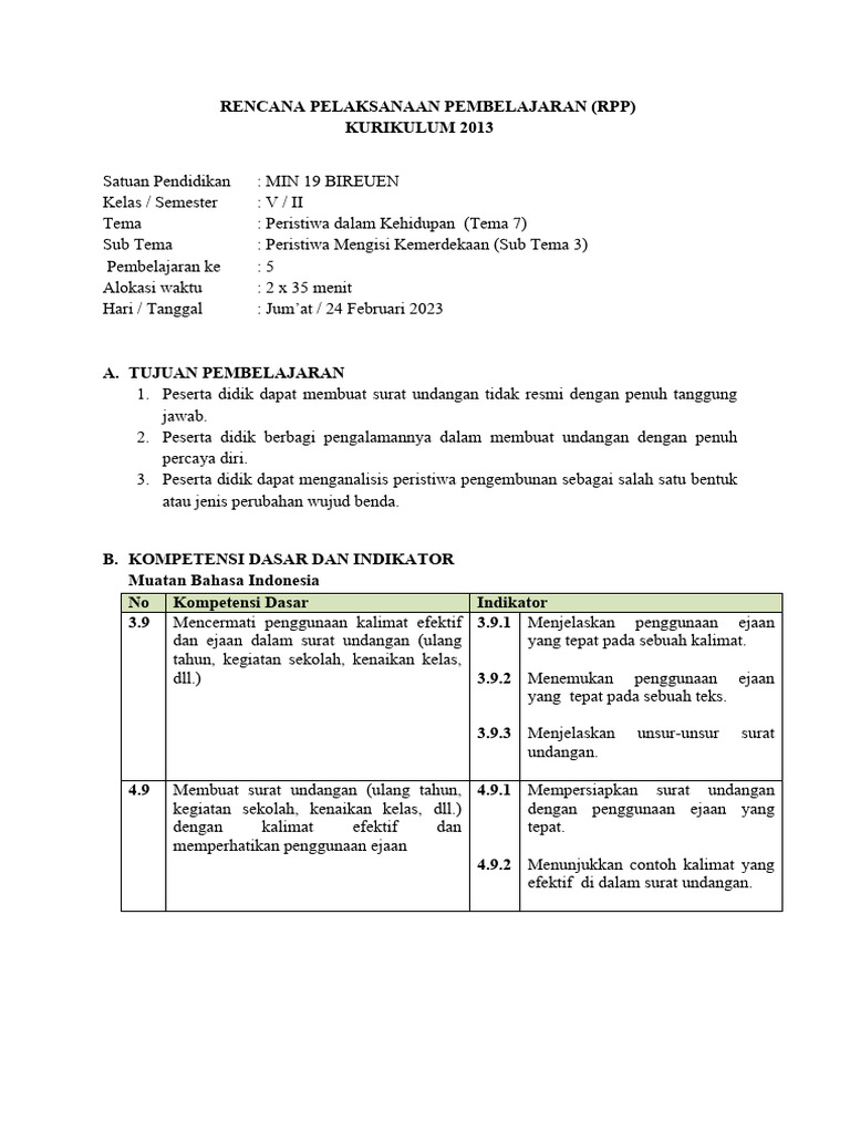 RPP Tema 7 Subtema 3 PB 5 | PDF | Kajian Bahasa Asing