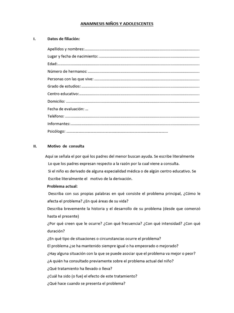 Anamnesis Infantil y Adolescente | PDF | Relaciones personales, crianza ...