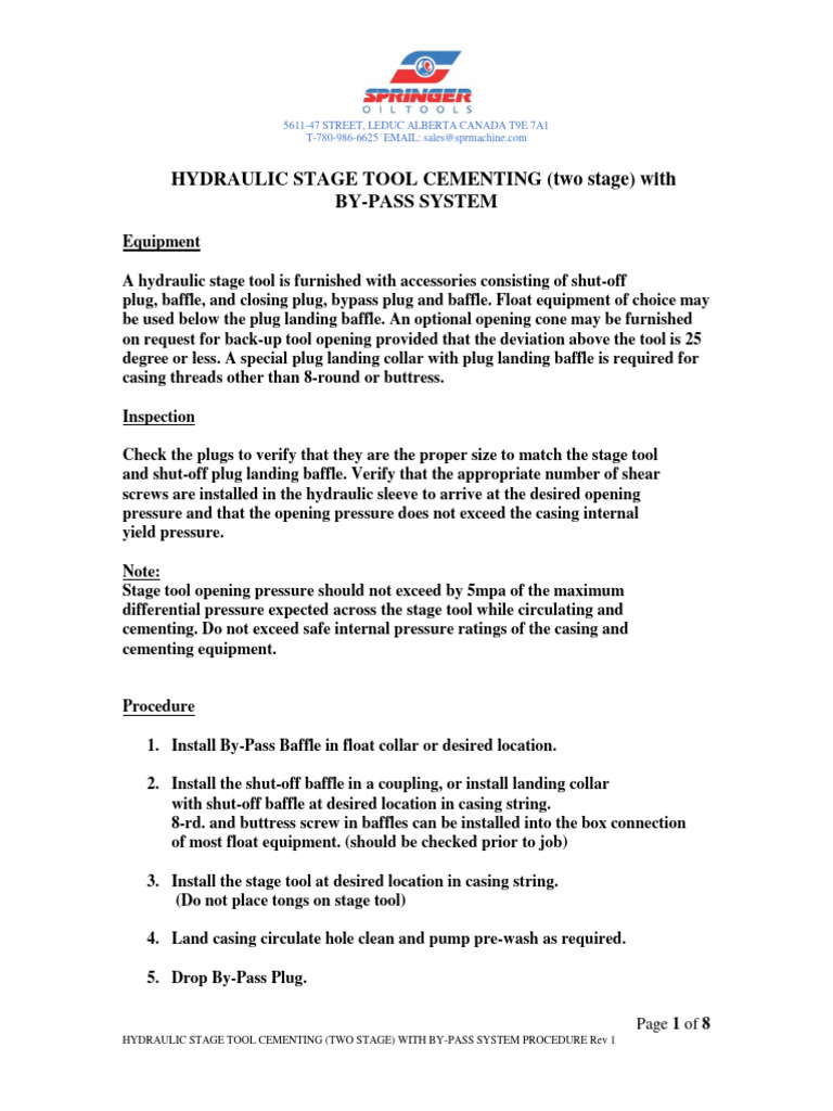 Hydraulic Stage Tool Cementing (Two Stage) With By-Pass System | PDF