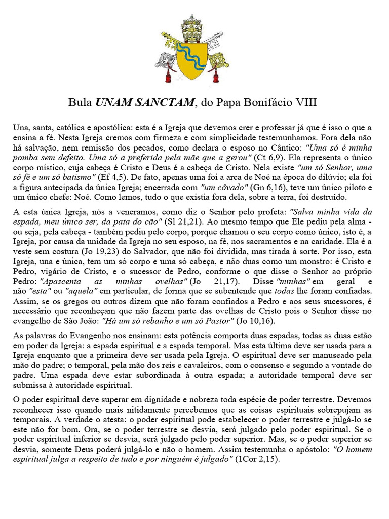 Bula Unam Sanctam, Do Papa Bonifácio Viii | PDF | São Pedro | Igreja ...