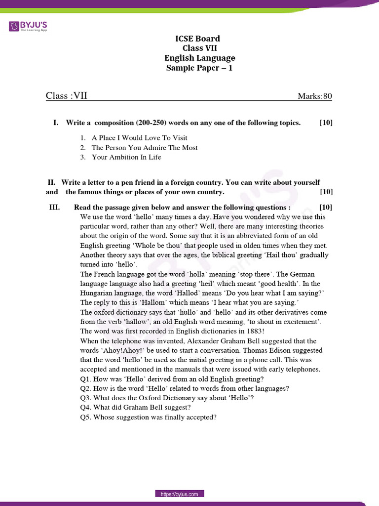 ICSE Class 7 English Language Sample Paper | PDF | English Language | Word