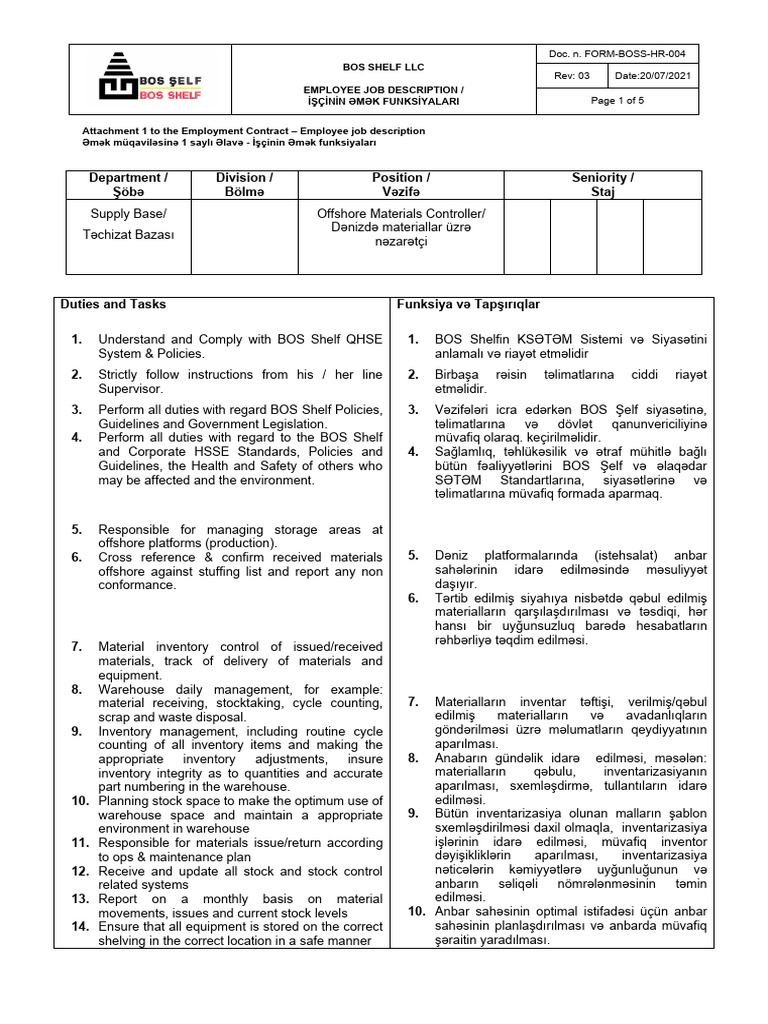 Offshore Materials Controller. Updated JD | PDF