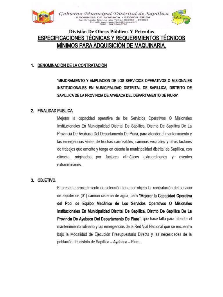 TDR - Requerimiento N°064-Camion Cisterna. | PDF | Tecnología