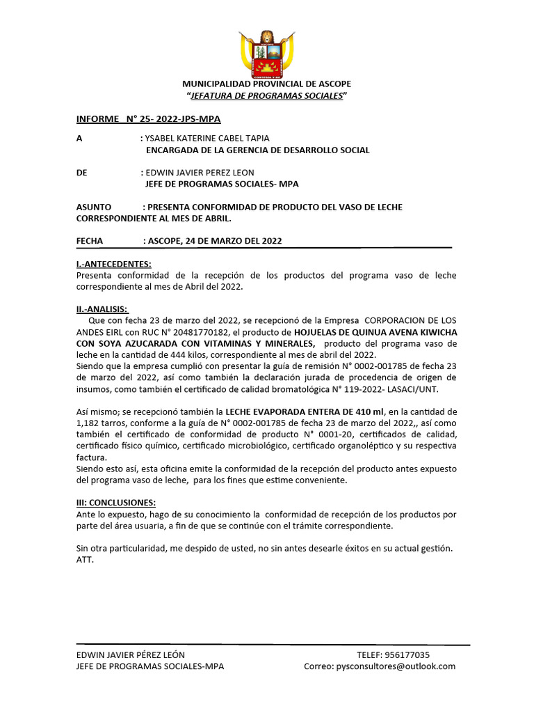 INFORME #25 Conformidad PVL | PDF