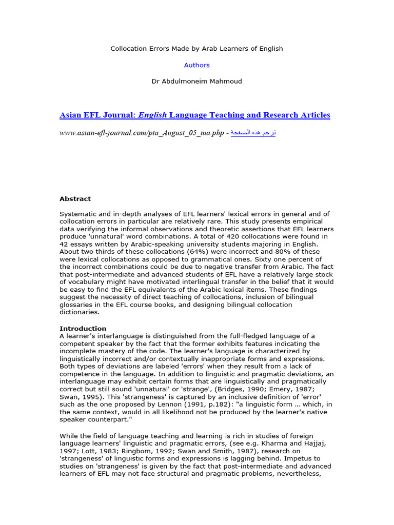 Collocation Errors Made by Arab Learners of English | PDF | Foreign ...