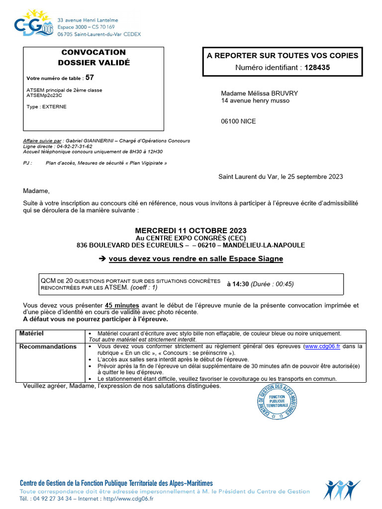 Convocation - Epreuve Ecrite | PDF