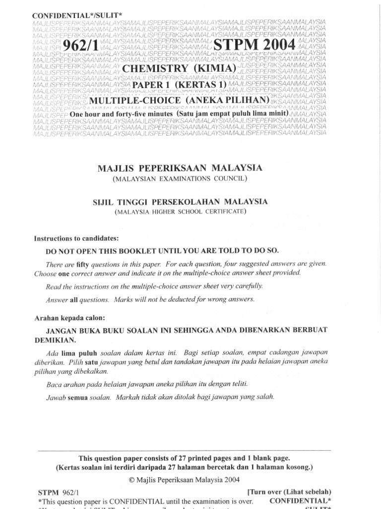 STPM Chemistry 2004 - Paper 1 | PDF