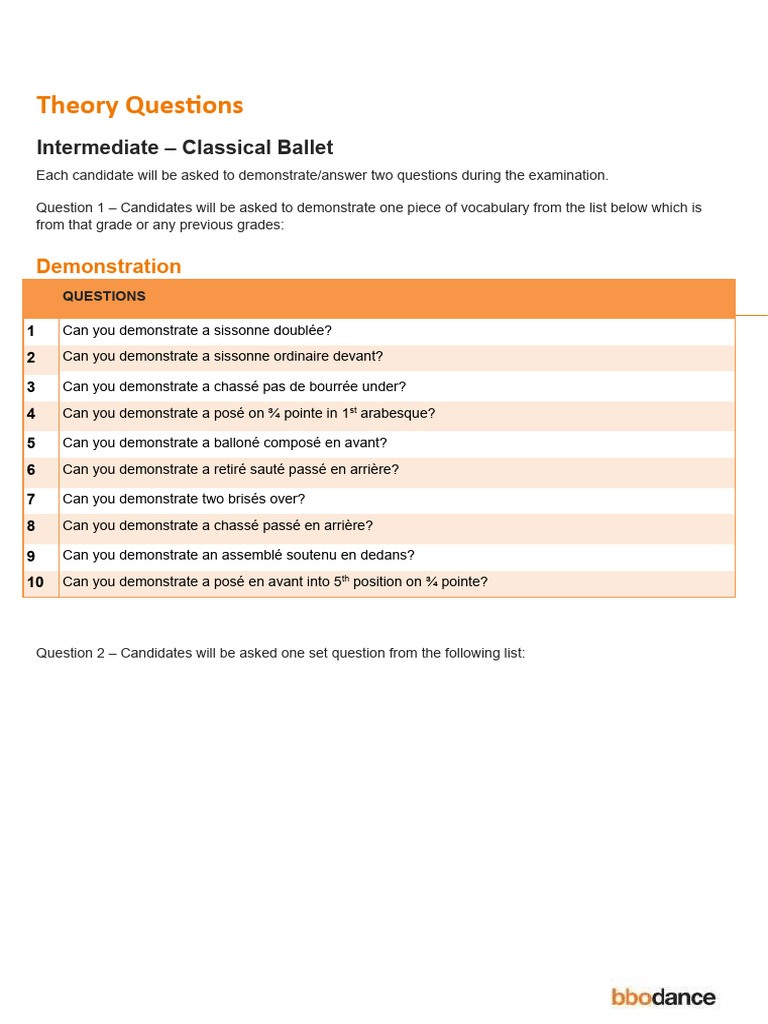 Bbodance Theory Question Intermediate Classical Ballet - TEACHER | PDF ...