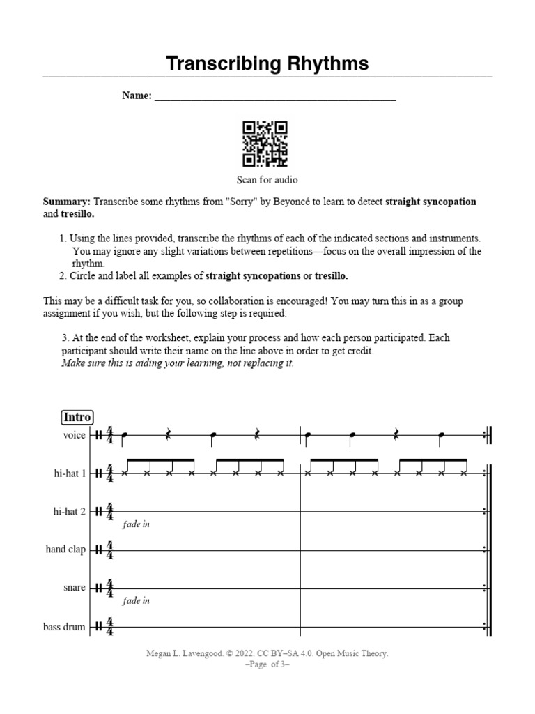 Transcribing Rhythms Worksheet | PDF | Song Structure | Music Theory