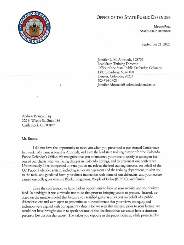 Jennifer Ahnstedt Public Defender Letter | PDF