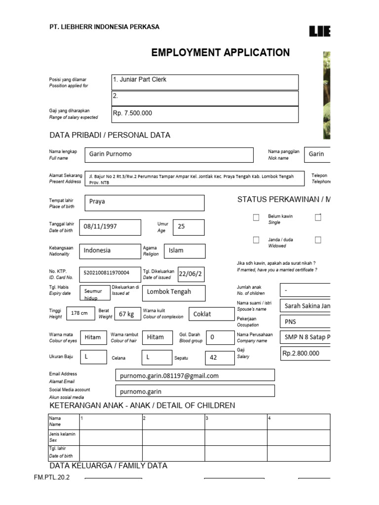 PTL-Application Form (Junior Part Clerk-Garin Purnomo) | PDF