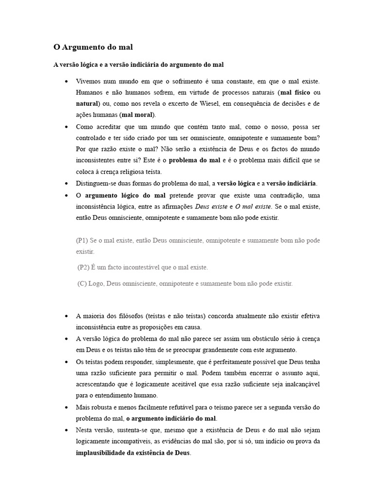 O Argumento Do Mal Filosofia 11º | PDF | Deus | Existência de Deus