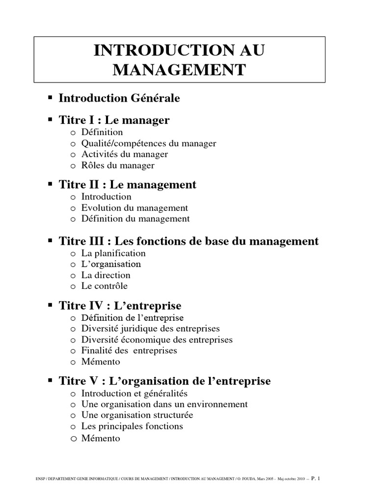 COURS ENSP INTRO MANAGEMENT - Ok | PDF