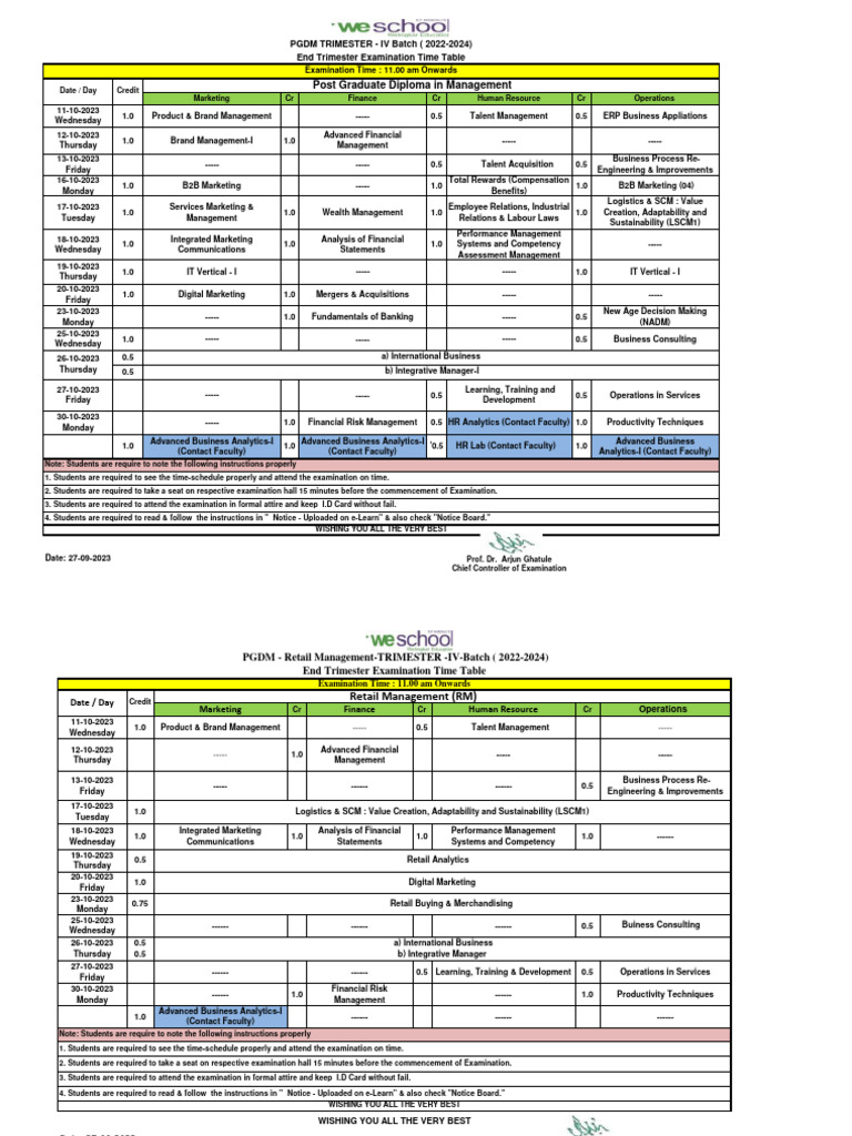PGDM Trimester IV Exam Schedule 2023 | PDF