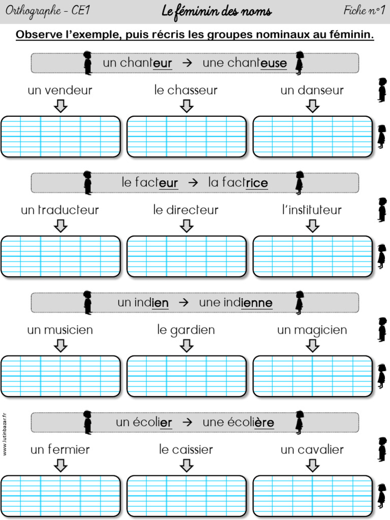 Féminin Du Nom - Fiches Dexercices CE1 Lutin Bazar | PDF