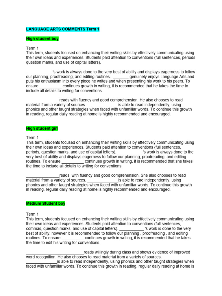 Term 1 Report Card Comments | PDF