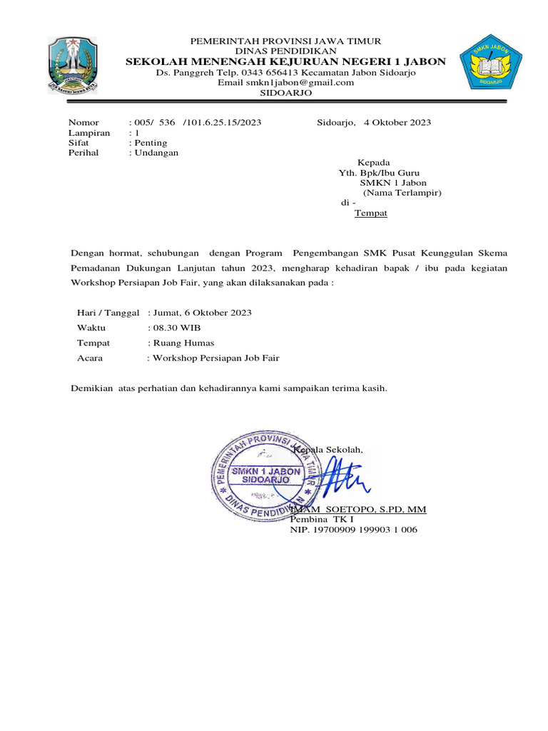 Undangan Workshop Job Fair SMKN 1 Jabon | PDF
