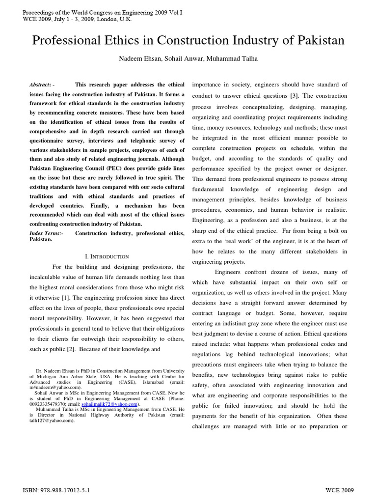 Ethical Standards in Pakistan's Construction | PDF | Engineer | Engineering