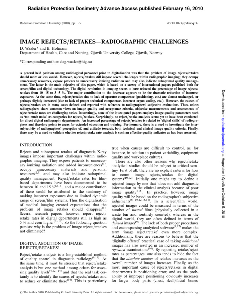 Image Rejects/Retakes-Radiographic Challenges: Radiation Protection ...
