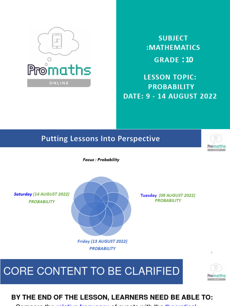 Grade 10 Promaths Online Lesson Plan Probability (16 August 2022) | PDF