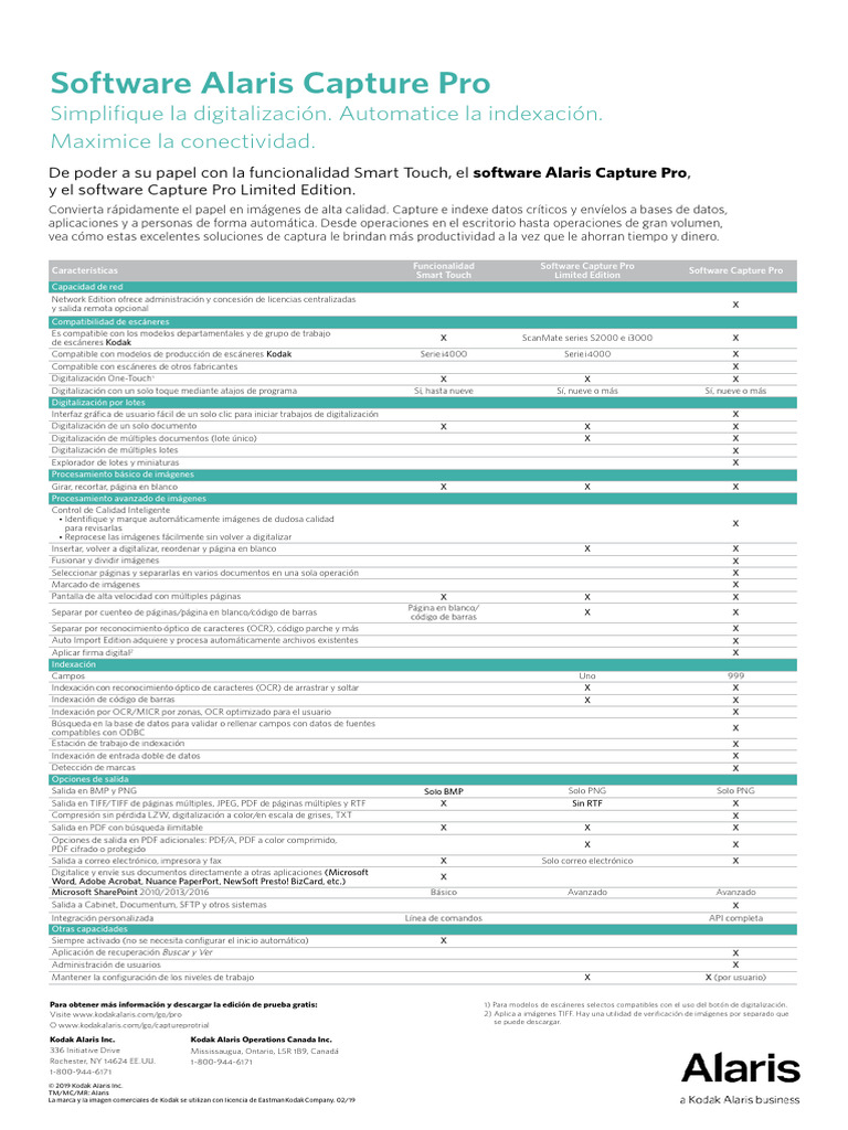 1 Alaris Capture Pro and Smart Touch Comparison Chartpdf | PDF