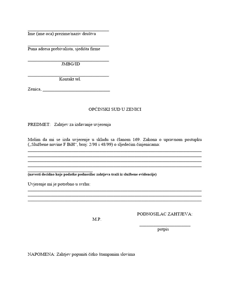 Zahtjev Za Izdavanje Uvjerenja-Dr - Svrhe | PDF