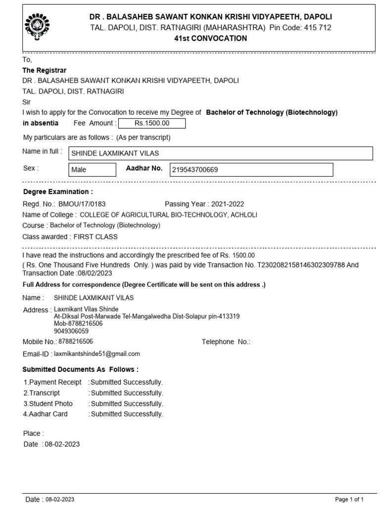 B.Tech Biotechnology Convocation Application | PDF | Career & Growth | Business