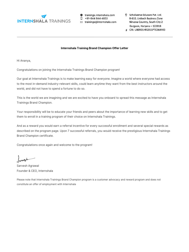 Ananya's Internshala Trainings Brand Champion Offer Letter | PDF