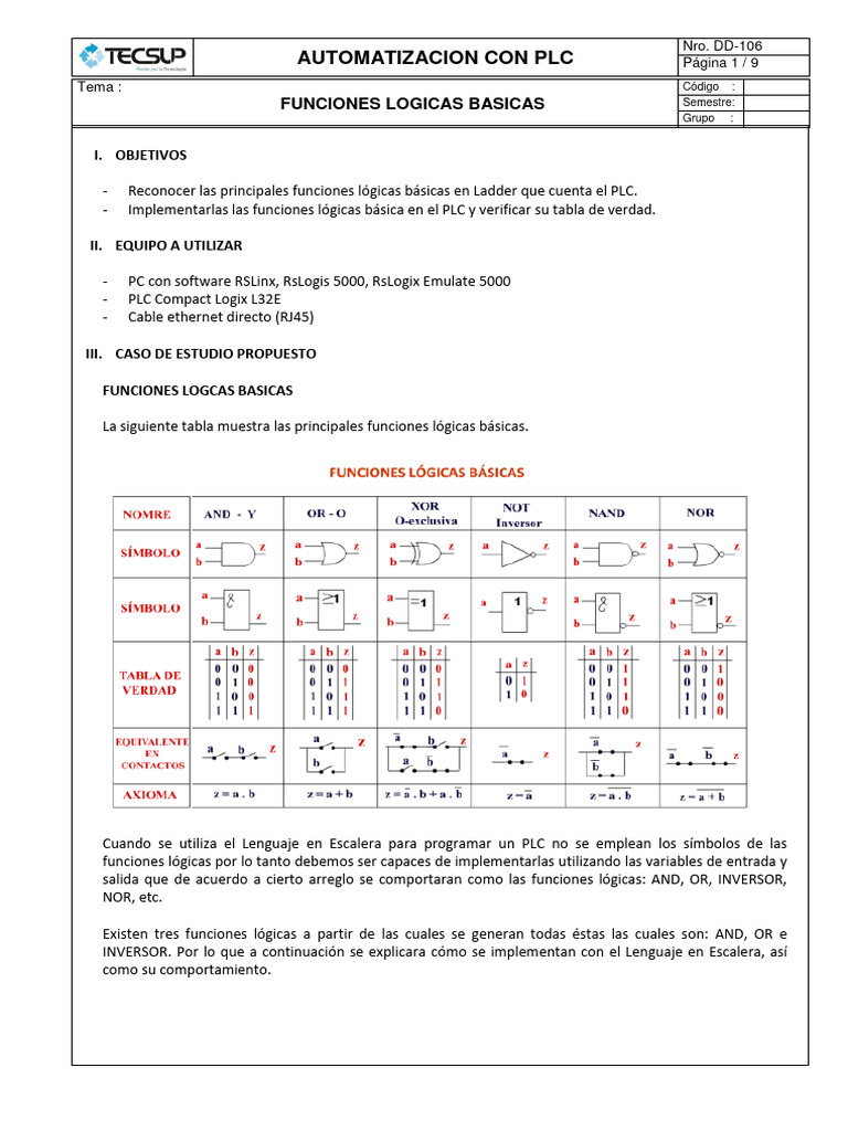 LAB 1_Funciones Lógicas Básicas | PDF | Puerta lógica | Controlador lógico programable
