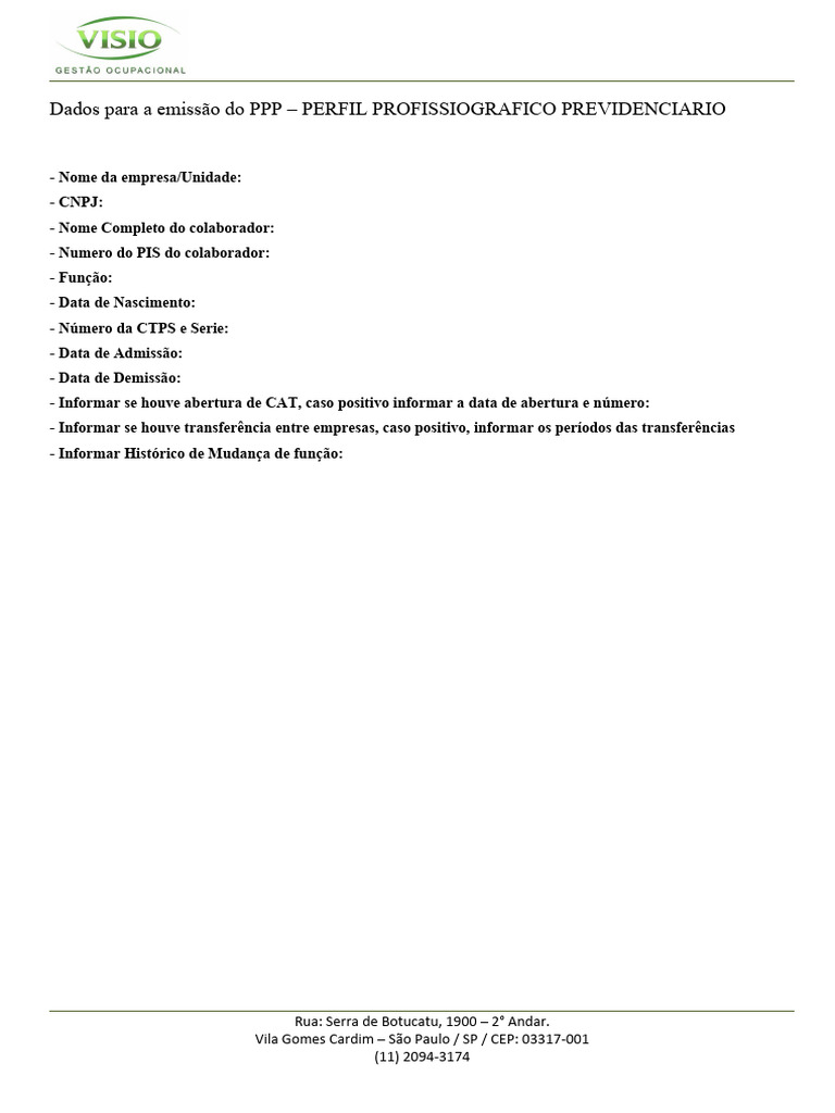 FORMULARIO EMISSÃO DE PPP | PDF