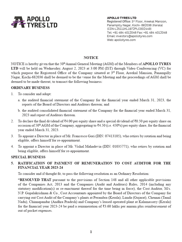 Apollo Tyres Annual Report FY2023 | PDF