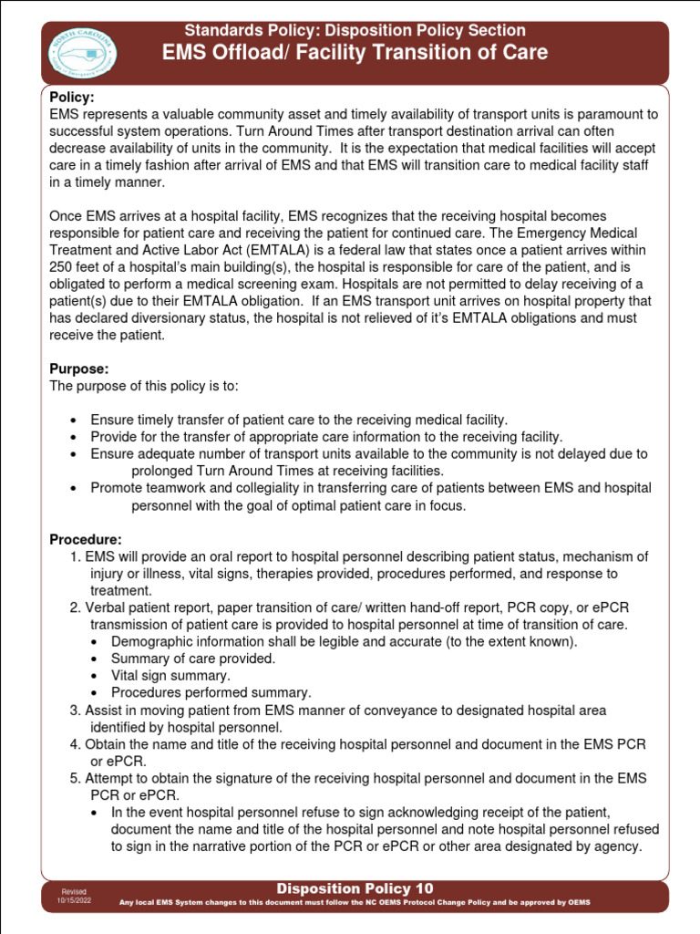 EMS Patient Care Transfer Policy | PDF | Science & Mathematics