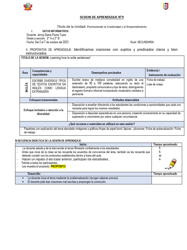 Sesion de Aprendizaje Ingles 2do Sec JDF Ccesa007 | PDF