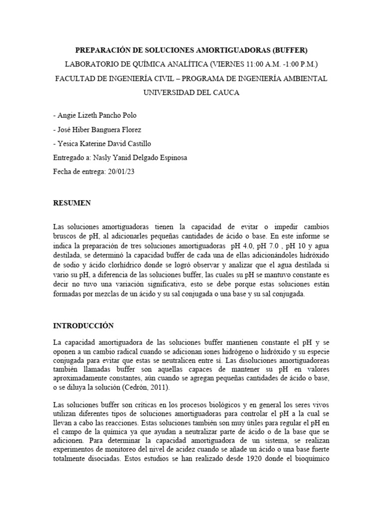 Practica Preparación de Soluciones Amortiguadoras | PDF | Solución tampón | Ph