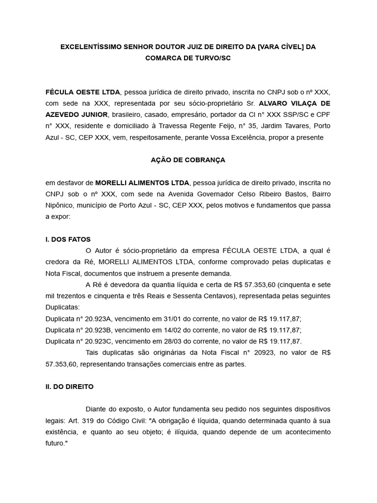 Ação de Cobrança: FÉCULA OESTE LTDA vs. MORELLI ALIMENTOS | PDF | Réu ...