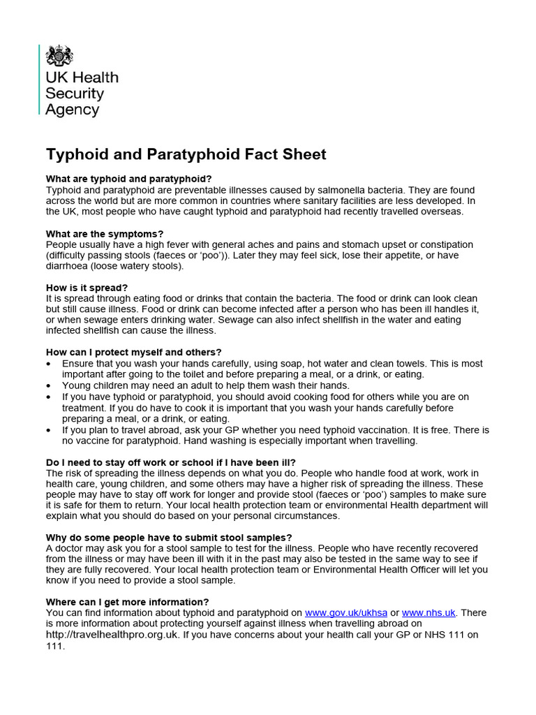 Typhoid and Paratyphoid Fact Sheet | PDF | Medical Specialties ...