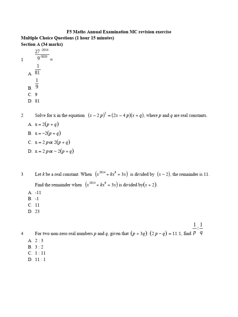 F5 Annual Exam Revision Exercise (MCQS) | PDF