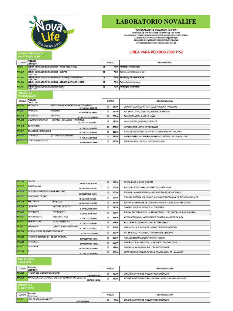 LISTA DE PRECIOS LABORATORIO NOVALIFE JULIO 2023 | PDF | Comida y ...