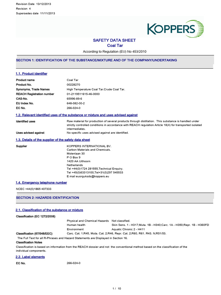 Koppers Coal Tar Safety Data Sheet | PDF